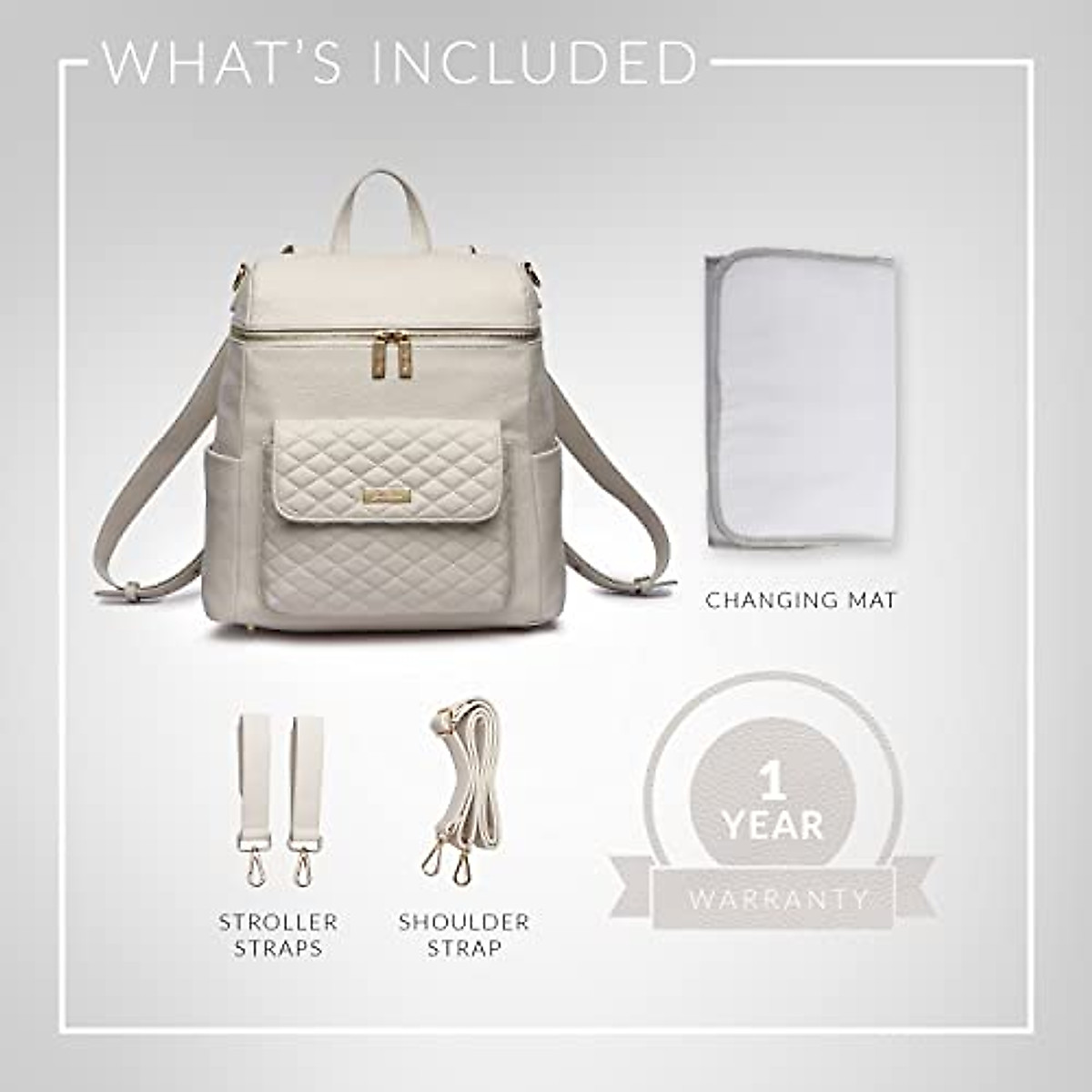 Monaco Large Diaper Bag Backpack by Luli Bebe - Designer Modern Vegan Leather Stylish Baby Backpack Diaper Bag for Mom, Multipurpose, Roomy, with Changing Pad (Pearl White)