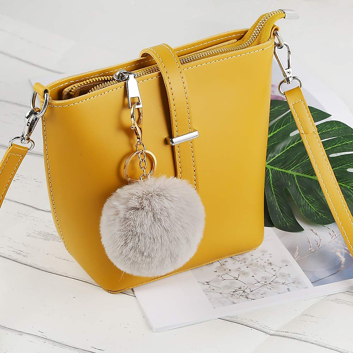 Auihiay 18 Pieces Pom Poms Keychains Fluffy Pompoms Keychain Faux Rabbit Fur Pompoms Keyring