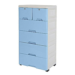 LOYALHEARTDY Bedroom Furniture Cabinet Plastic 6 Drawers with Lock Storage Cabinet with Wheel Small Chest Closet Organizer for Clothes Playroom Hallway Toys (Blue)
