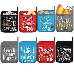Irenare 8 Pcs Christmas Teacher Appreciation Gifts Hot Pot Holders Funny Oven Mitts Heat Resistant Microwave Oven Mitt Potholders with Hand Pocket Hanging Loop End of Year Gift, 7 x 9 Inch