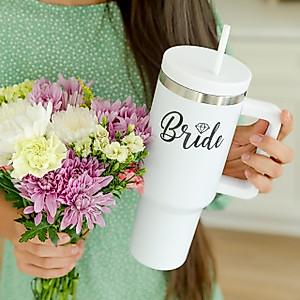 Hacienda Art & Home Bride's 40 Oz Tumbler with Handle and Straw - Insulated Stainless Steel Water Bottle Fits in Car Cup Holder - Bachelorette Gift, Bridal Shower Gift (Bride White)
