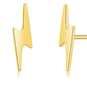 Solid 14K Gold Lightning Bolt Studs Dainty Earrings, Polished Finish, 10mm (Yellow Gold)