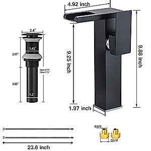 Black Bathroom Vessel Faucet Led Light 3 Color Changing Waterfall Single Handle One Hole Bowl Sink Faucet Vanity Lavatory Deck Mount Mixer Tap Tall with Pop Up Drain Without Overflow and Supply Lines