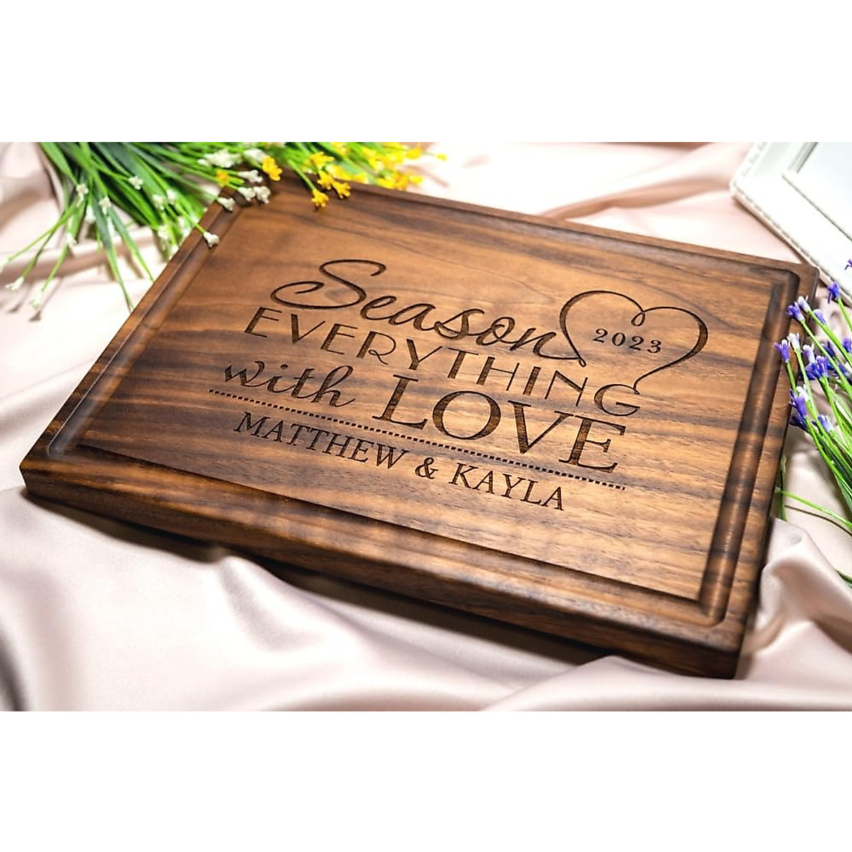 Personalized Cutting Board, Custom Wedding, Anniversary or Housewarming Gift Idea, Wood Engraved Charcuterie, for Couples or Family, Season with Love Design 032