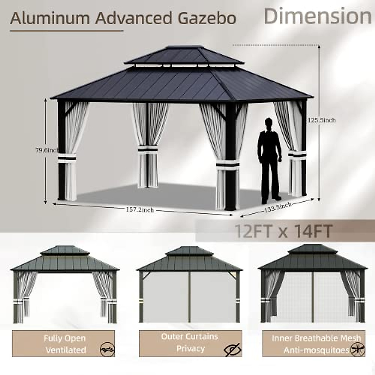 Delnavik 12X14FT Hardtop Gazebo Double Roof, Pergolas Aluminum Frame, Outdoor Metal Gazebos with Netting and Curtains for Patio, Backyard, Deck and Lawns, Grey