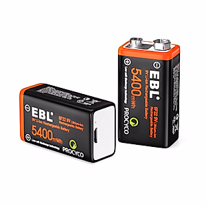 EBL Rechargeable 9V Lithium Batteries, 5400mWh USB 9 Volt Li-ion Batteries Long-Lasting(2 Pack)