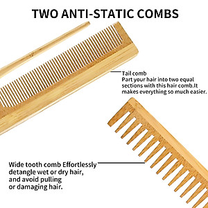 EKONAER 4 PCS Bamboo Hair Brush Set With Natural Wooden Wide-tooth and Tail Comb Big and Mini Paddle Detangling Hairbrush for Women men kids and Baby Thick Thin Curly Straight Dry