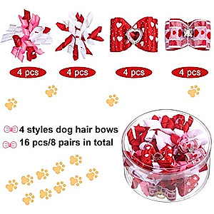 Chuangdi 16 Pieces Valentine's Day Dog Hair Bows Dog Curve Bows Puppy Topknot Hair Bows Mixed Styles Pet Cat Puppy Rhinestone Hair Bows with Rubber Bands Grooming Accessories