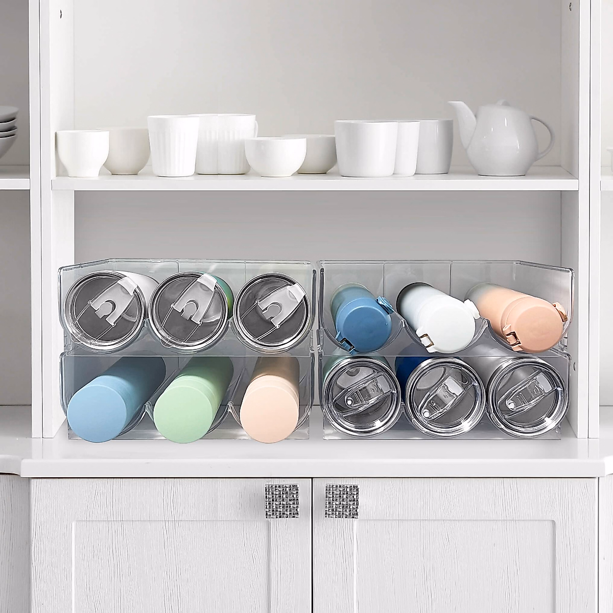 HOMECOR Water Bottle Organizer, Stackable Kitchen Home Pantry Organization and Storage Shelf, Plastic Holder Rack for Cabinet Fridge Flask Tumbler Travel Mug Cup 12-bottle