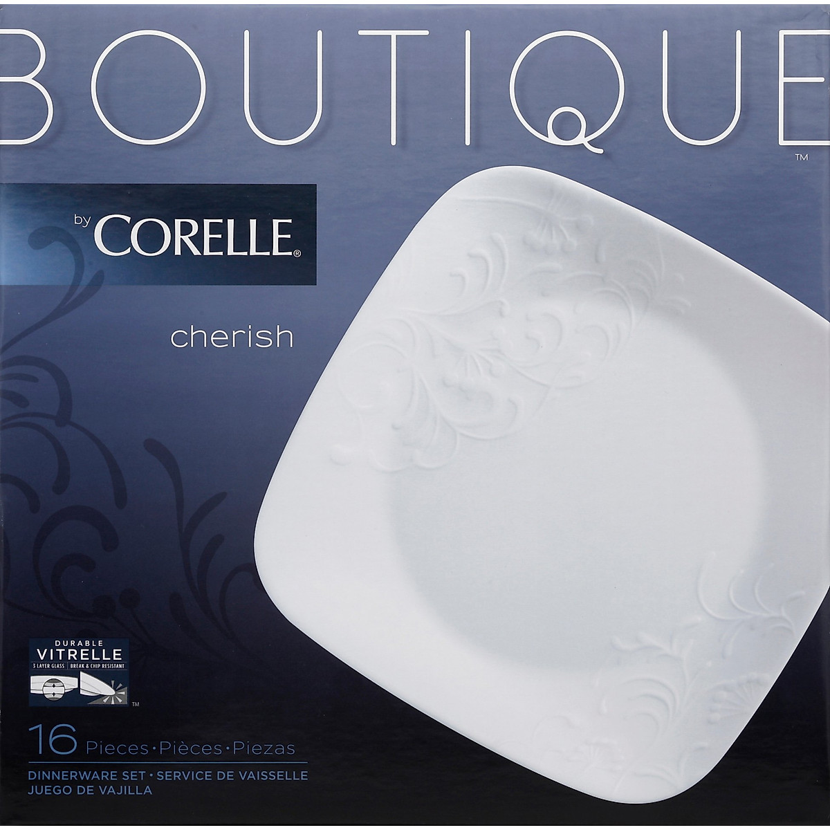 Corelle 16-Piece Vitrelle Glass Cherish Chip and Break Resistant Embossed Dinner Set, Service for 4, White