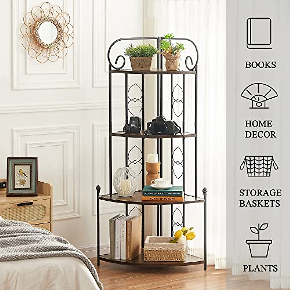 VECELO 4-Tier Ladder Corner Shelf with Metal Frame, Multipurpose Bookshelf Bookcase, Plant Stand & Storage Display Shelves for Living Room, Bedroom, Office, Rustic Brown