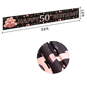 Pimvimcim Happy 50th Birthday Banner Decorations - Rose Gold Large 50th Birthday Party Sign - 50th Birthday Party Decorations Supplies for Women - 50 Years Old Birthday Photo Booth Backdrop(9.8x1.6ft)