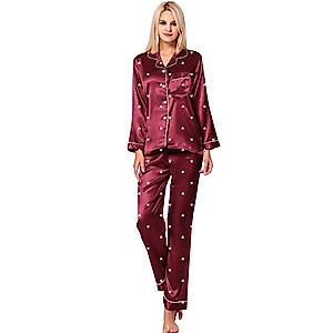 SWOMOG Womens Silk Satin Pajamas Long Sleeve Loungewear Two-Piece Sleepwear Button-Down Pj Set