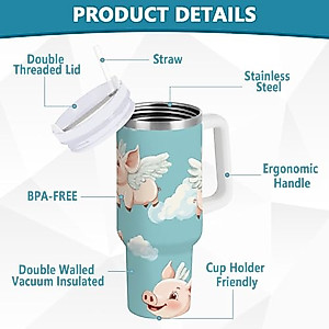 Wusikd Flying Piglets Tumbler Handle Lid and Straw Cute Water Bottle Stainless Steel Coffee Travel Tumbler Mug Cup Gifts for Men Women 30oz