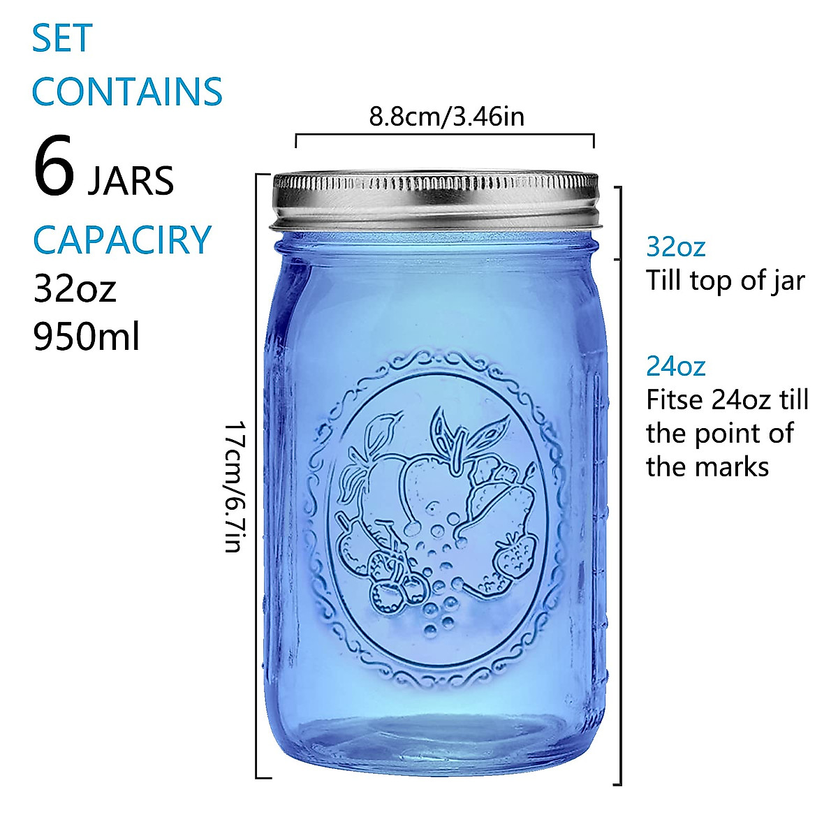 eleganttime Blue Wide Mouth Mason Jars 32 oz,6 Pack Colored Quart Glass Canning Jars with Airtight Lids for Canning,Pickling,Storage,DIY Crafts & Décor