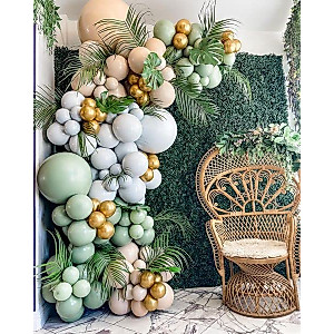 Woaipati Retro Avocado Green Balloon Garland Arch Kit Double-Stuffed Baby Blue Balloons Olive Balloon and Gold Metallic Chrome Latex Balloons Set for Wedding Birthday Balloons Baby Shower Decorations