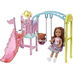 Barbie Club Chelsea Doll and Swing Set Playset with 2 Swings and Slide, Plus Teddy Bear Figure, Gift for 3 to 7 Year Olds