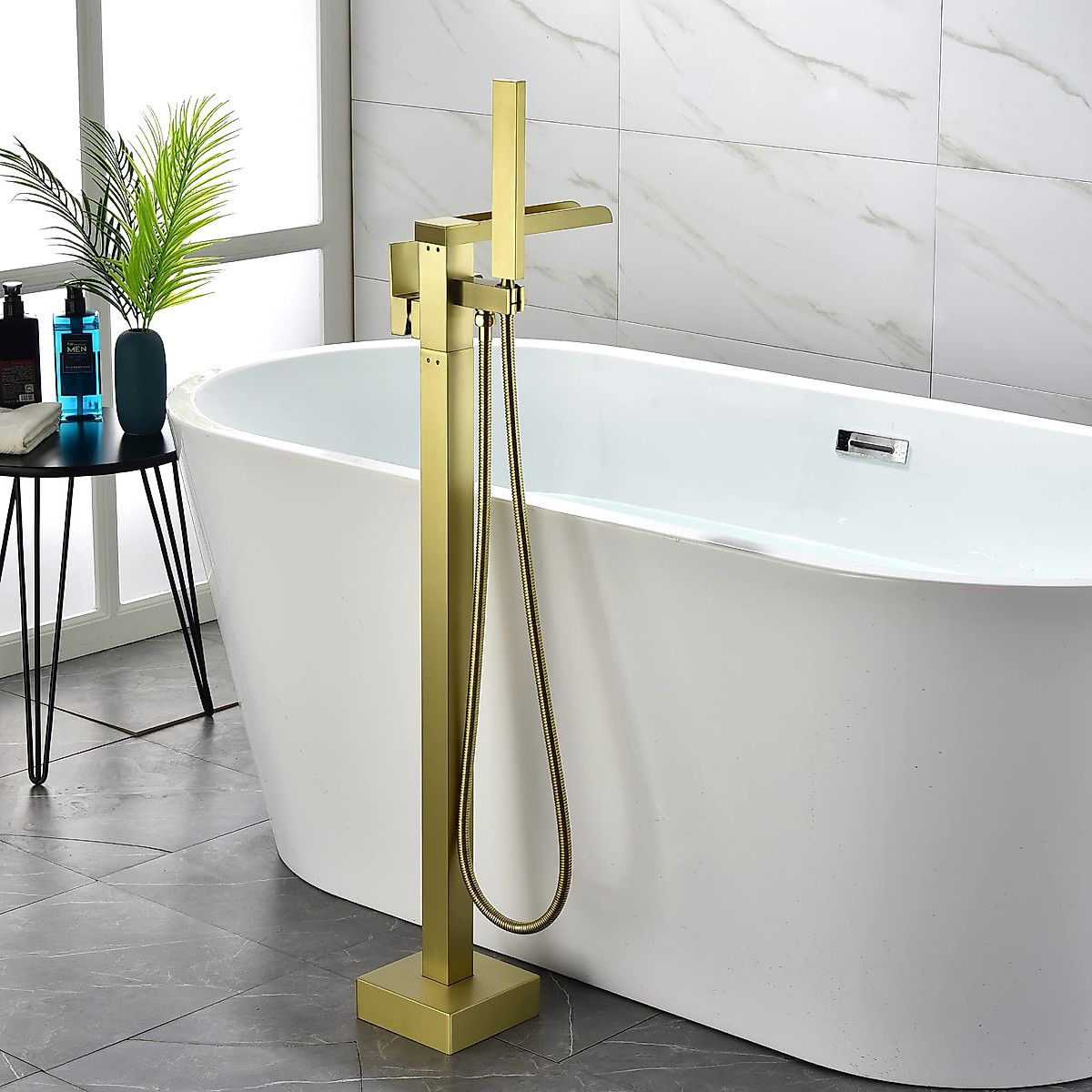 SHAMANDA Luxury Freestanding Bathtub Faucet Single Handle Waterfall Tub Filler with Handheld Shower Brushed Gold, Floor Mounted, FL701-3