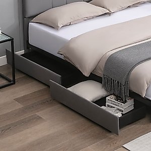 Platform Full Size Bed Frame with 4 Storage Drawers,Upholstered Full Bed Frame with Velvet Tufted Headboard Adjustable,Solid Wooden Slat Support,No Box Spring Needed,Dark Grey