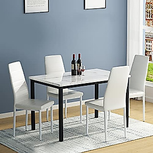 Lamerge Kitchen Tables Set for 4, Dining Faux Marble Top Table and 4 PU Leather Chairs, 5 Pieces Dining Room Table Set for Small Space, Breakfast Nook and Apartment,White+Beige,Dining Table024