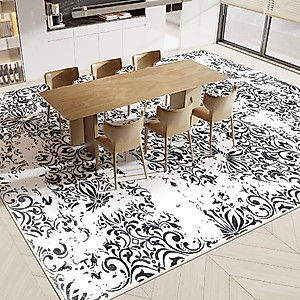 GEMBED Washable Area Rug 5x7 - Soft Non-Slip Floral Area Rug, Non Shedding Low Pile Washable Carpet for Living Room Bedroom Dining Room - Dark Black/White, 5'x7'