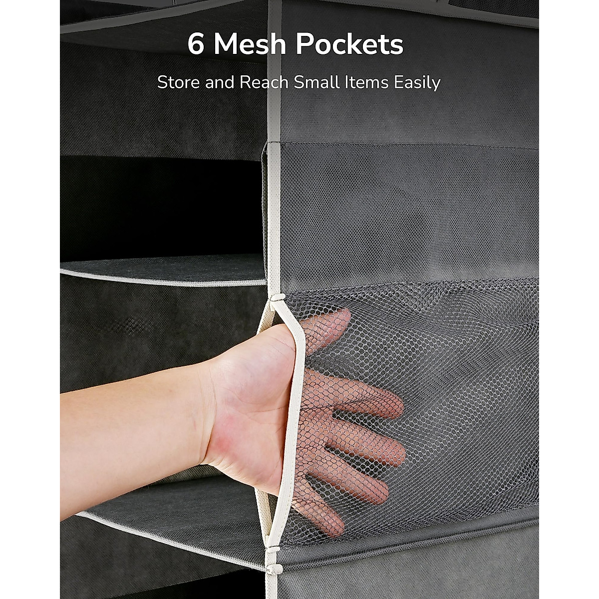 ULG 1 PC Hanging Closet Organizer, 3-in-1 to 6-in-1 Reversible Closet Hanging Shelves with 6 Side Pockets for Wardrobe Clothes Sweater Storage, Foldable, Dark Gray