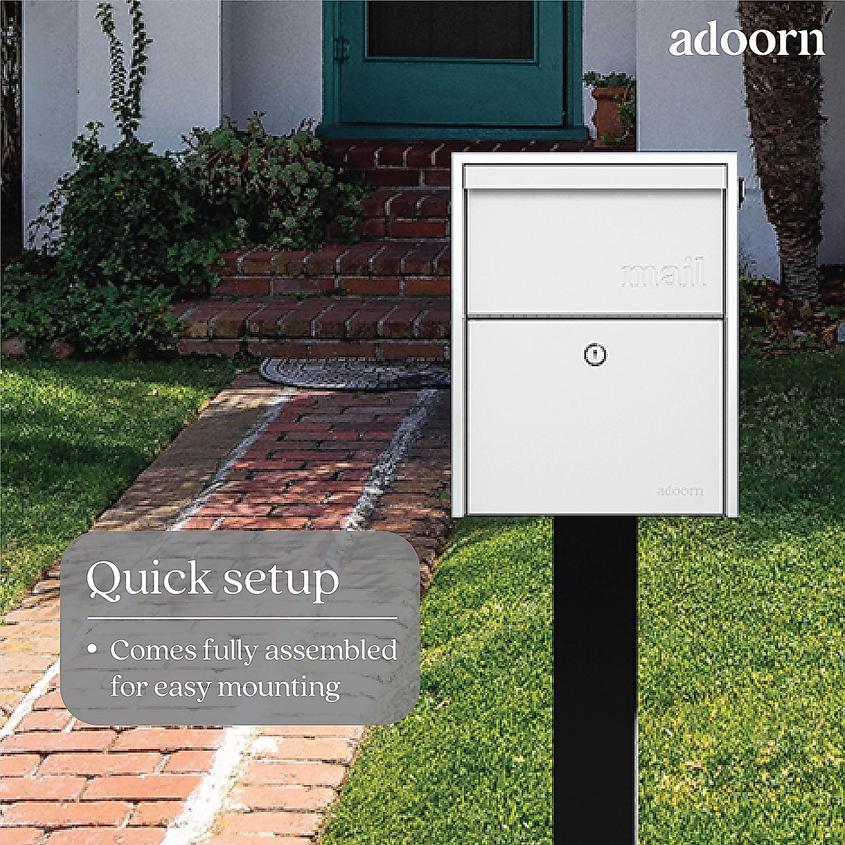 Adoorn Post Mount Mailbox, Large - Anti-Theft Locking Mailbox, Weatherproof Mailboxes for Outside The House, 15.5" H x 12" L x 18.5" D (White)