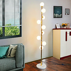 beaysyty Modern Simplicity Floor Lamp for Office Cafe Den Living Room Bedroom, On/Off Foot Switch, White Glass Ball Lampshade and Golden Metal Lamp Body - 9 Bulbs Included