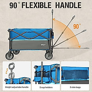 PORTAL Folding Utility Wagon Collapsible Cart with Wheels Heavy Duty Foldable Garden Wagon with Cup Holder& Side Pocket, for Camping, Outdoor, Shopping