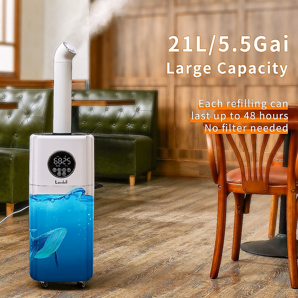 LACIDOLL Humidifiers for Large Room Whole House Humidifier for Home 2000 sq.ft, 5.5Gal Cool Mist Top Fill Humidifier Floor Humidifier 21L 2000ML/H Dual 360° Nozzles 3 Speed