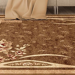 Superior Indoor Area Rug, Jute Backing, Modern Plush Rugs for Entryway, Living Room, Kitchen Floors, Bedroom, Hallway, Farmhouse Floral Rugs, Ruban Collection, 4' x 6', Beige Brown