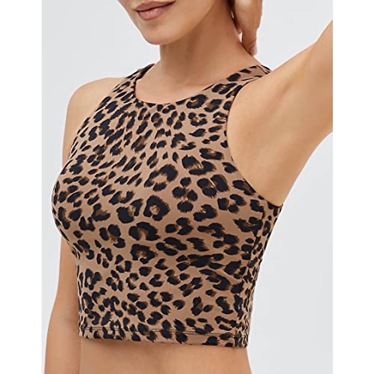 Women's High Neck Crop Top Sleeveless Racer Back Basic Workout Tank Tops Shirt Khaki Leopard M