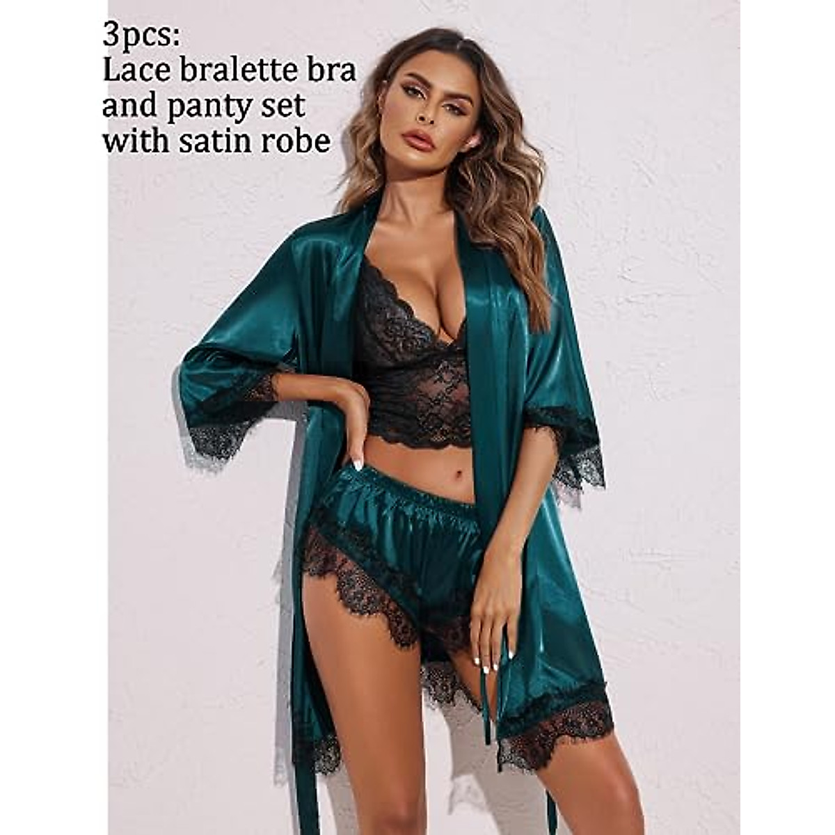 MAXMODA Sexy Pajamas Lace 3 piece Pjs Sets for Women Cami Shorts Lingerie Set with Silk Robe Bridal Sleepwear Dark Green