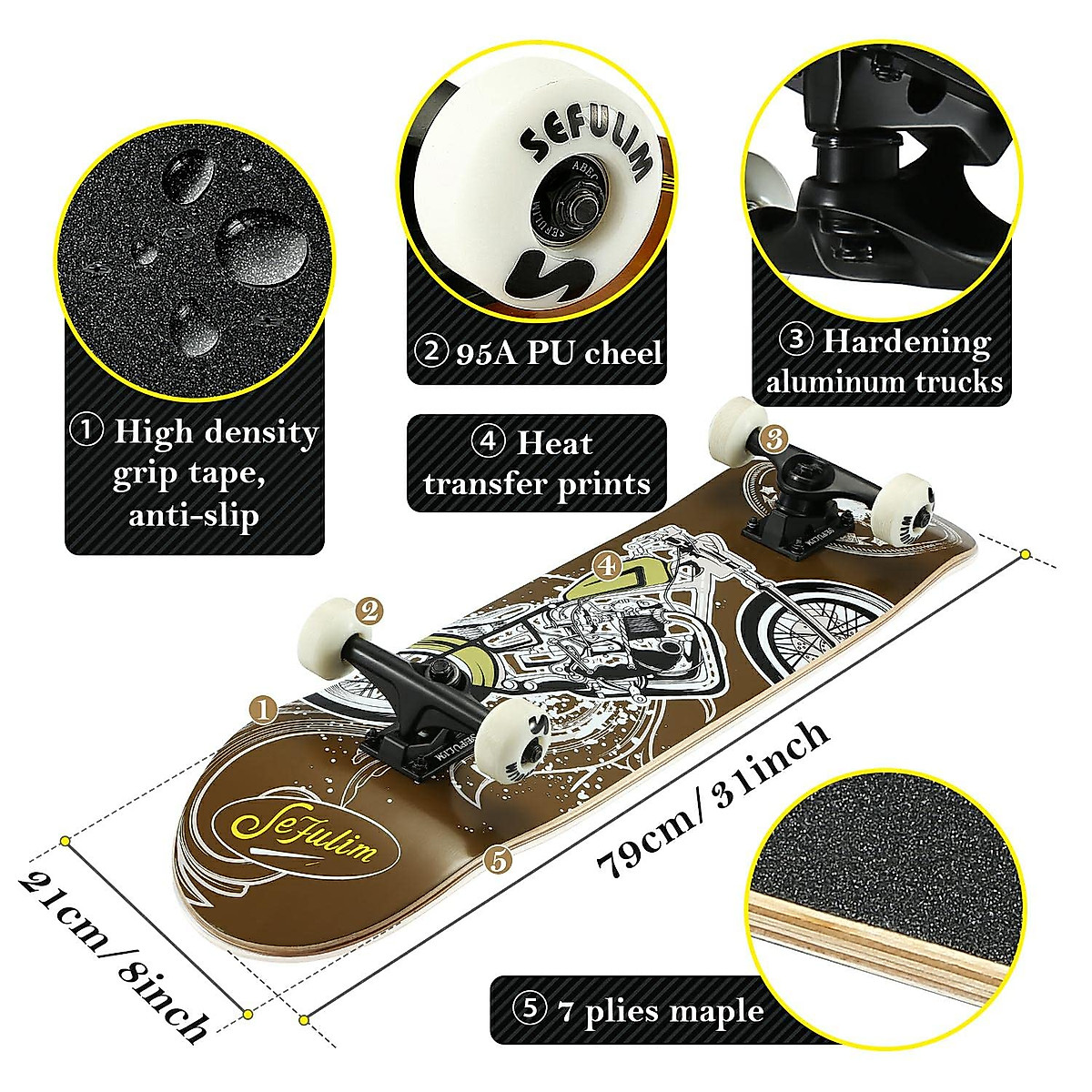 Sefulim Skateboards, 31 x 8 inch Complete Skateboard for Beginners, 8 Layer Canadian Maple Double Kick Deck Concave Cruiser Trick, Light Up Wheel Skateboard for Kids Teens & Adults (Motorcycle)