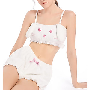 Landofgenie Kawaii Anime Cute Pajamas Set for Women Sweet Lovely Velvet Tube Top and Shorts Sleepwear Suits White XS