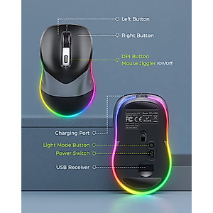 PEIOUS Wireless Mouse, Jiggler Mouse for Laptop - LED Mouse Rechargeable Computer Mice Mouse Mover Undetectable Random Movement with On/Off Button Keeps Computer Awake - Black&Grey