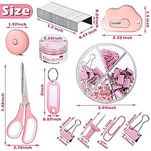 10 Piece Pink Desk Accessory Kit Includes Stapler with Staples Tape Dispenser Staple Remover Single Hole Punch Paper Clips Scissors Tape Measure Small Telescopic Knife Cute Office Desk Accessories
