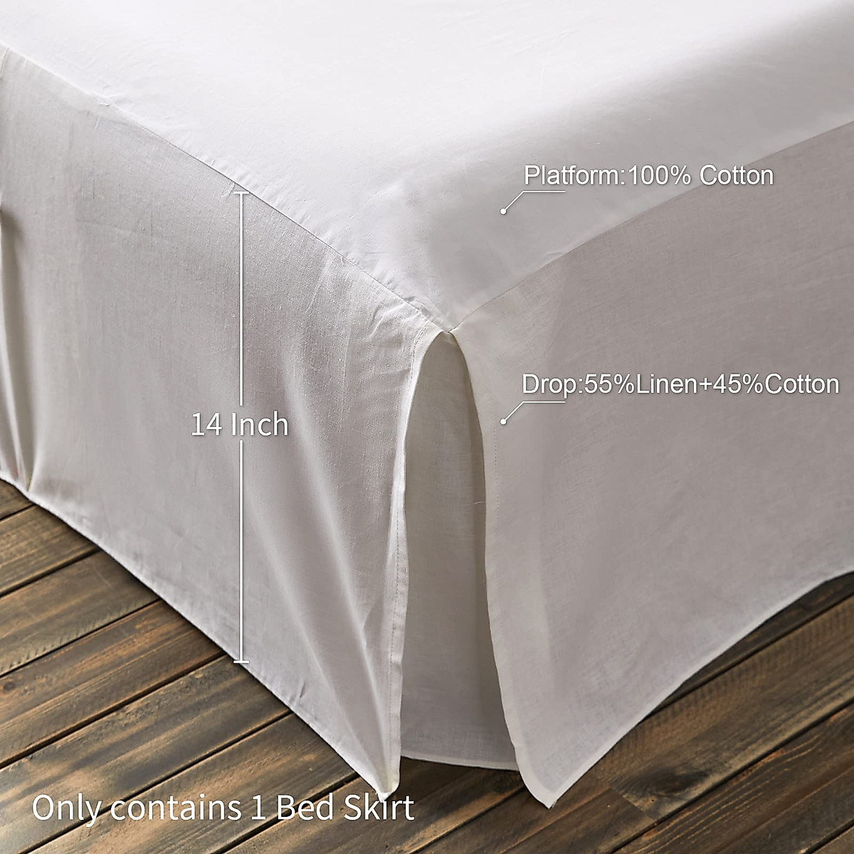 BISELINA French Linen Bed Skirt Split Corner with Button 14-Inch Tailored Drop Natural Flax Cotton Blend Basic Dust Ruffle Soft Cozy (14" Queen,Button White)