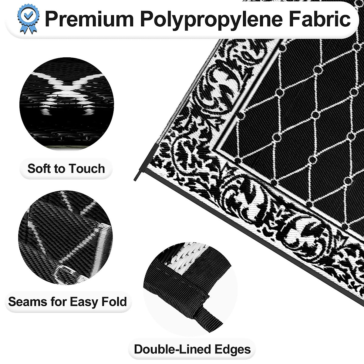 OutdoorLines Indoor Outdoor Rugs for Patio 5x8 ft - Reversible Outside Carpet, Stain & UV Resistant Portable RV Mats, Plastic Straw Rug for Camping, Pool Deck, Porch Rhombus Black & White