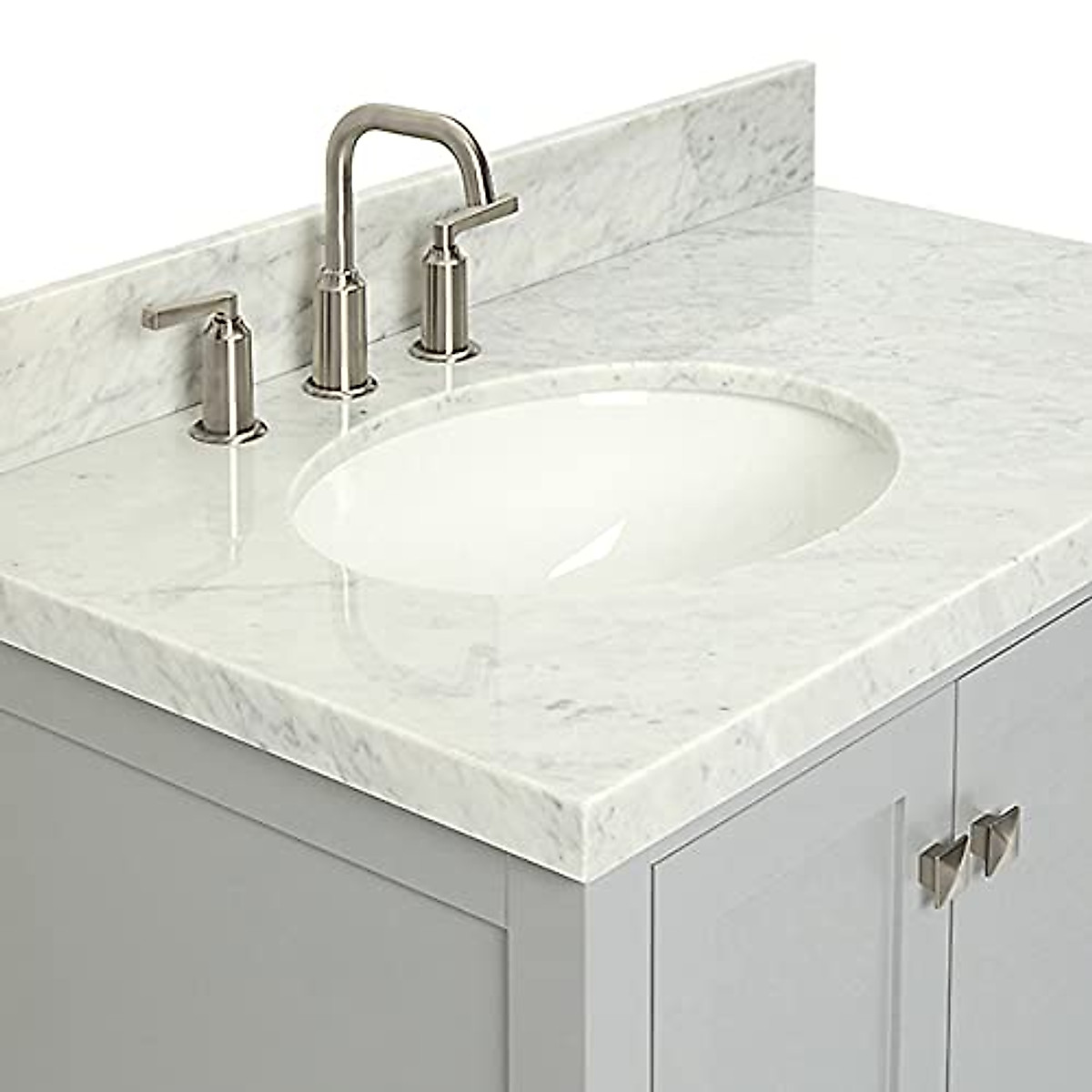 ARIEL 37" Grey Bathroom Vanity with 1.5" Edge Italian Carrara Marble Countertop & Backsplash, Left Oval Sink, 2 Soft Closing Doors, 5 Full Extension Dovetail Drawers, Brushed Nickel