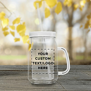 DISCOUNT PROMOS Custom Mason Jars with Straw 17 oz. Set of 10, Personalized Bulk Pack - Glass Jars for Overnight Oats, Candies, Fruits, Pickles, Spices, Beverages - Clear