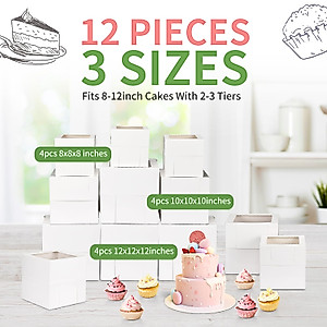 Moretoes 12 Pcs Cake Box, Tall Cake Boxes with Window in 3 Sizes 12x12x12 10x10x10 8x8x8 Inches, Bakery Boxes Disposable Carrier Take Out Container, 2 or 3 Tier for Valentine's Day Mother's Day
