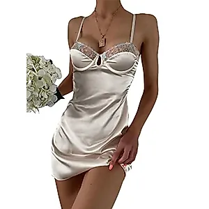 SweatyRocks Women's Lingerie Lace Trim Satin Silk Nightgown Sleepwear Dress White S
