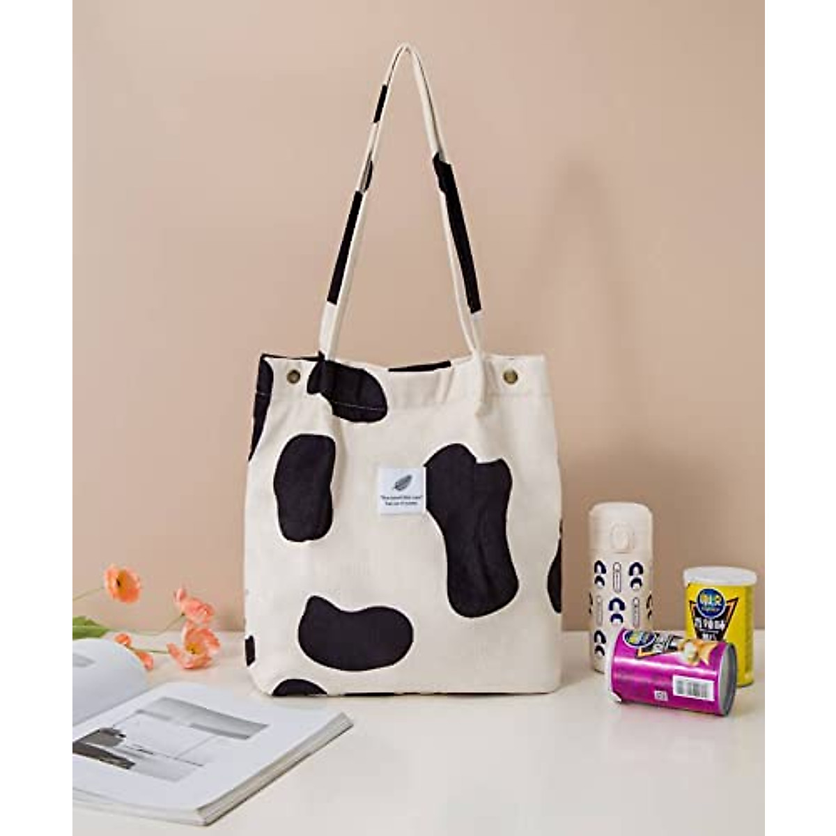 Wisexplorer Women Corduroy Tote Handbag with Inner Pockets, Fashion Washable and Ecofriendly, Perfect Grocery Bag for Shopping Travel School and So on(Cow white)