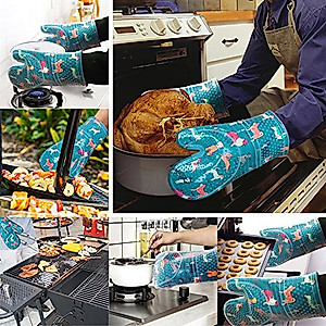 Oven Mitts Set of 2 with Transparent Clear Silicone Shell and Nice Dog Printing Cotton Lining, Heat Resistant to 500 F Kitchen Oven Gloves Pot Holder for Cooking (Blue)