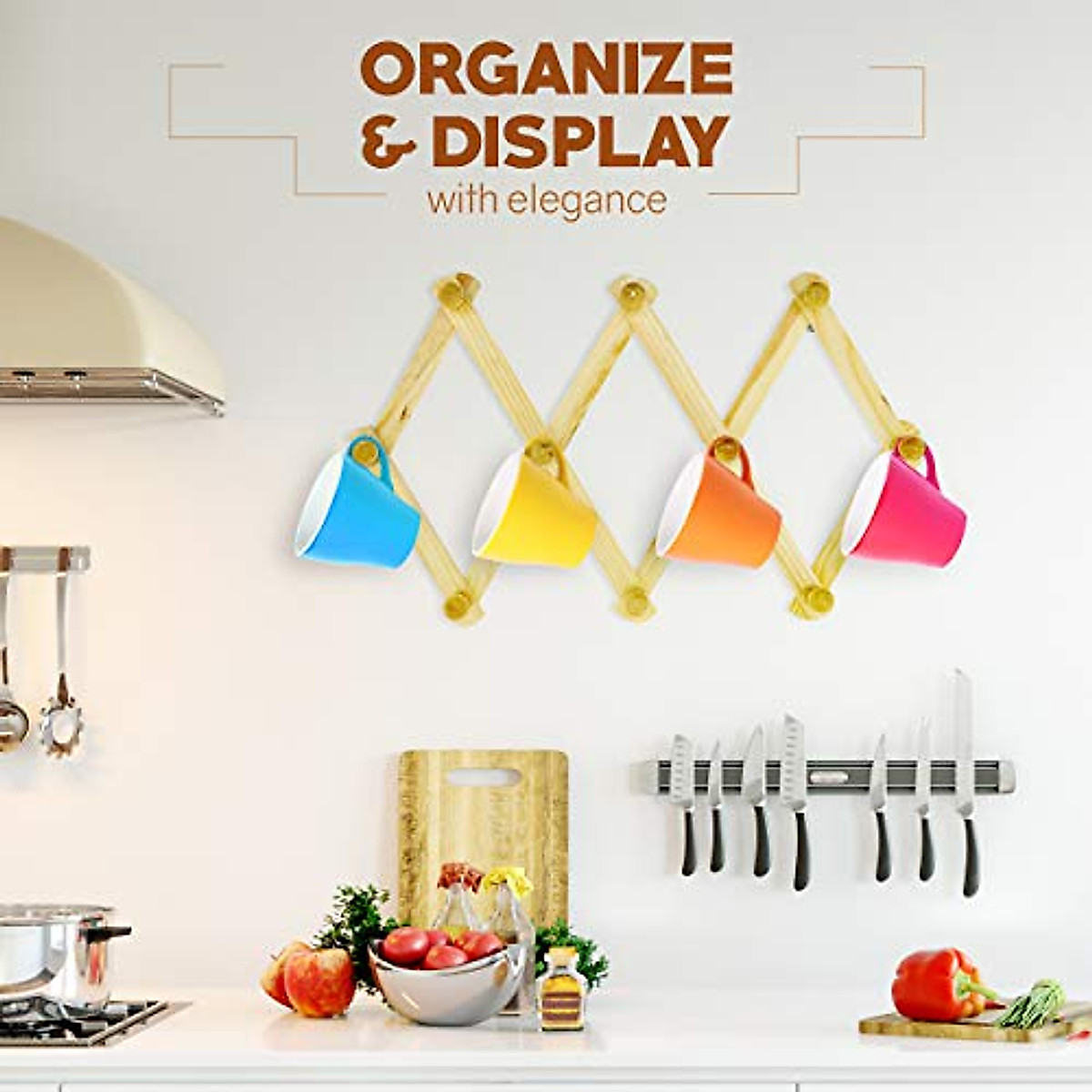 RAM-PRO Accordion Style Wood Expandable Rack Hat, Cap, Belt, Umbrella Coffee Mug Wall Wooden Pegs