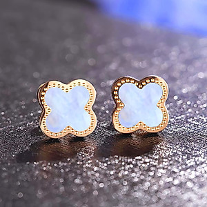 Four Leaf Clover Earrings for Women 18K Rose Gold Plated Stainless Steel Lucky 4 Leaf Ear Studs Jewelry Gift for Mother and Daughter (White & Rose Gold)