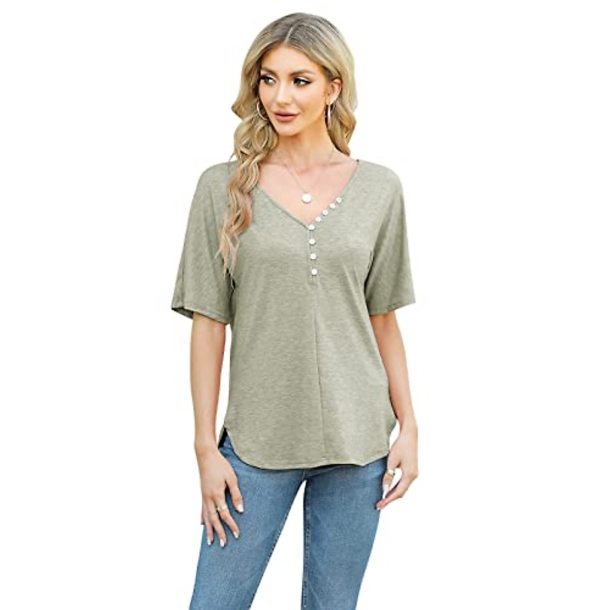 NIUBIA Women's Fashion Summer V-Neck Half Sleeves Oversized T Shirt Casual Loose Basic Tops Green