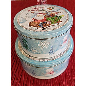 HADAAYA Round Merry Xmas Christmas Decorative Holiday Gifting tins, Set of 2. watercolor painted look with Santa, Snowman & Reindeer moose with Xmas tree