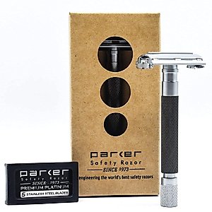 Parker 74R Graphite Gray - Long Handle Heavyweight Butterfly Open Double Edge Safety Razor for Men, 5 Parker Premium Platinum Double Edge Razor Blades included